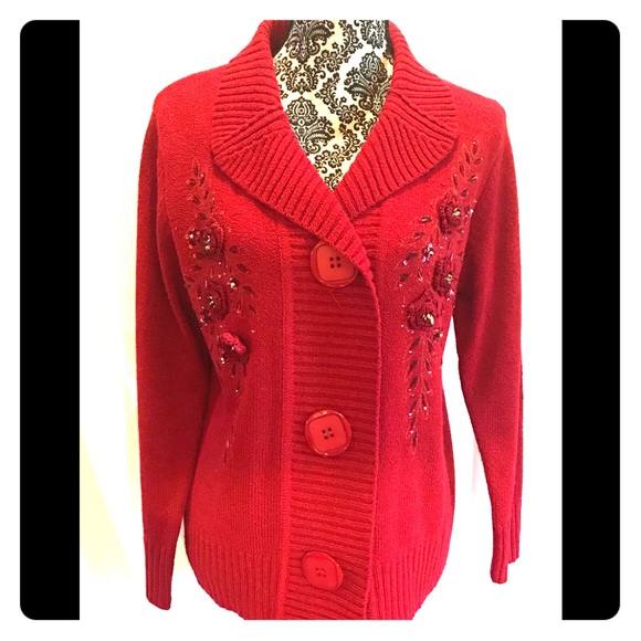 jingfinfushi | Sweaters | Cherry Red Button Sweater With Floral Sequins ...